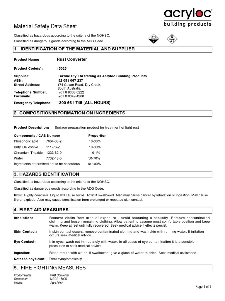Acryloc Rust Convertor Msds | PDF | Dangerous Goods | Firefighting