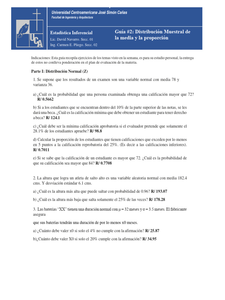 Guía #2 Distribución Muestral Media y Proporción | PDF | Desviación Estándar | Media