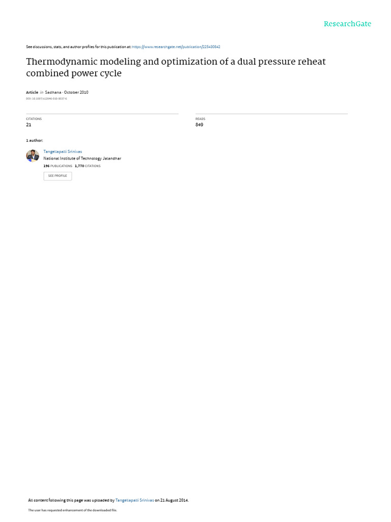 Thermodynamic Modeling and Optimization of A Dual | PDF | Exergy | Steam