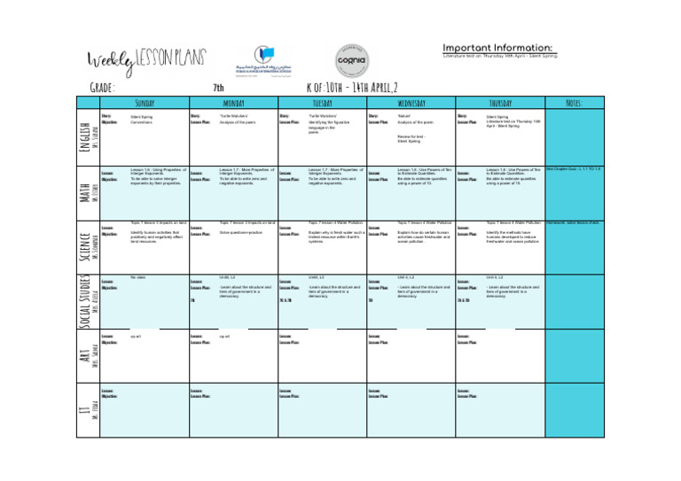 Grade 7B Weekly Plan 4 - April 10th - 14th | PDF | Fresh Water | Earth ...