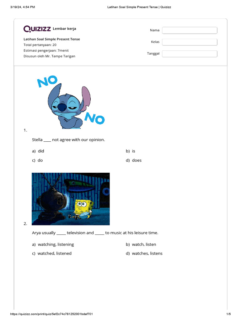 Simple Present Tense Practice Quiz | PDF | Language Mechanics | Grammar