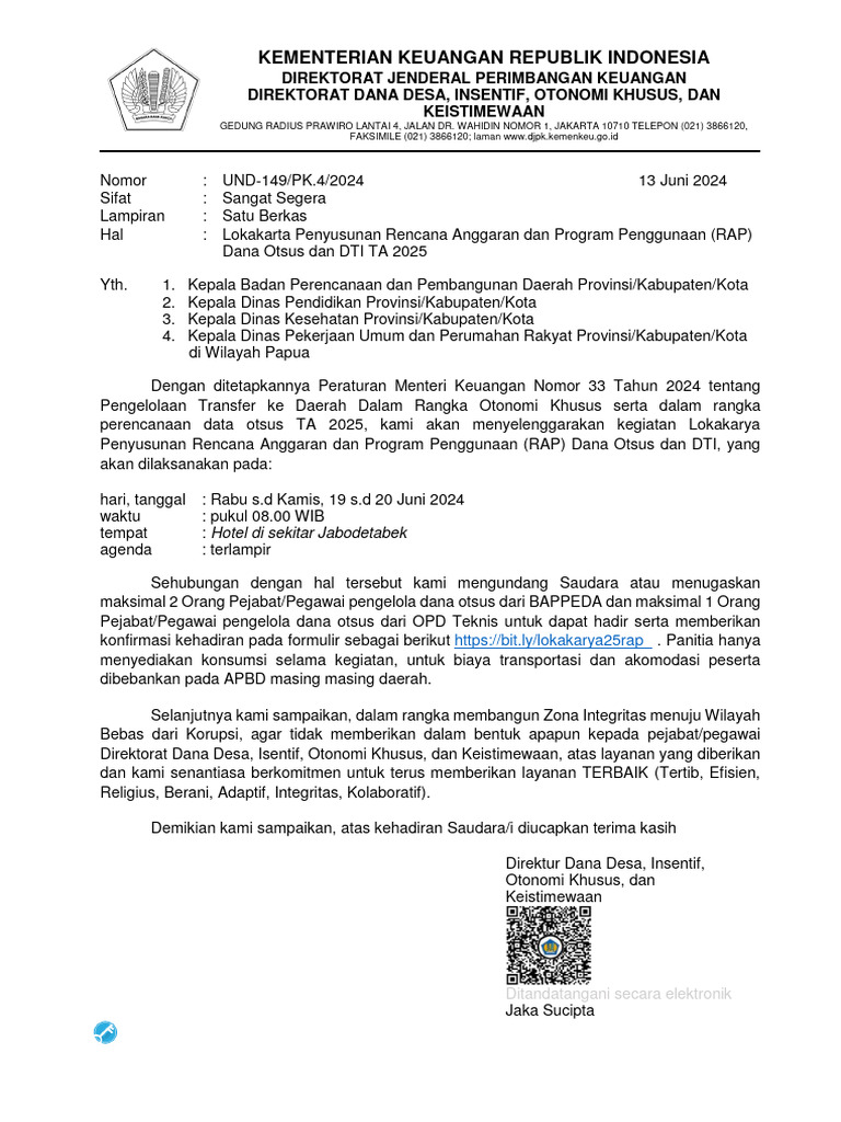 UND-149 Lokakarya Penyusunan RAP Otsus dan DTI TA 2025 | PDF