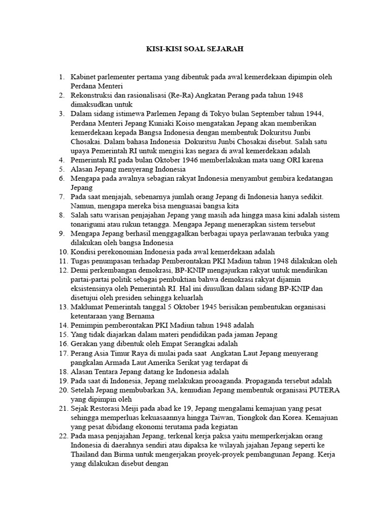 Kisi-Kisi Sejarah Kelas 11 | PDF