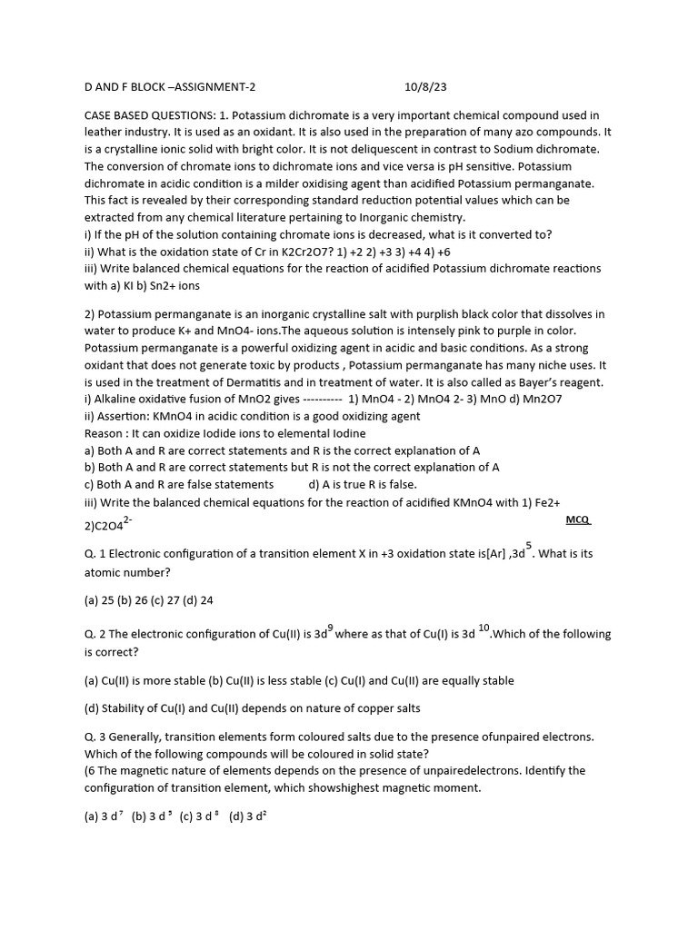 D and F Block Assignment-2 | PDF | Transition Metals | Lanthanide