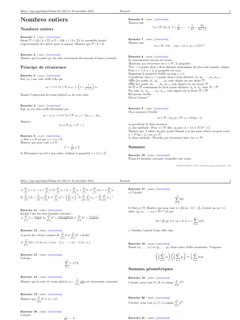 Exercices sur les Nombres Entiers et Suites | PDF | Informatique ...