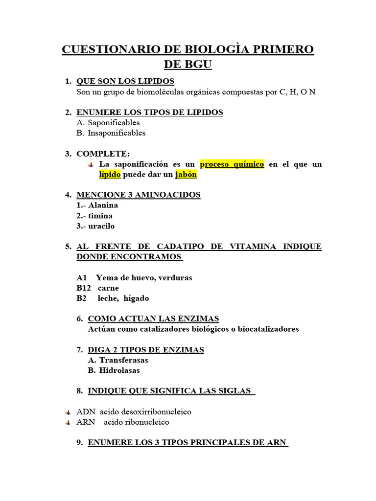 BIOLOGIA PRIMERO DE BGU Bco Preguntas Examen Final | PDF | Plantas | Rna