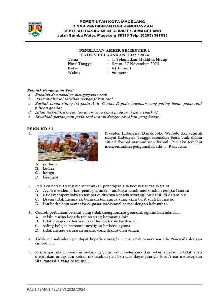 Soal Pas Tema 1 TH 2023 2024 | PDF