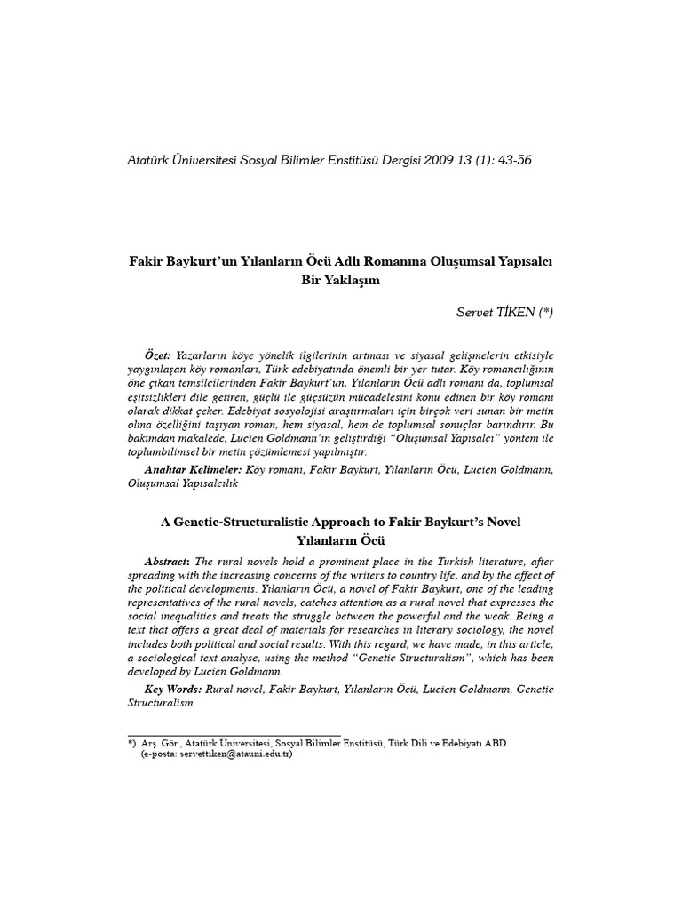 Fakir Baykurt Un Y Lanlar N C Adl Roman Na Olu Umsal Yap Salc Bir Yakla M (#38098) - 32143 | PDF