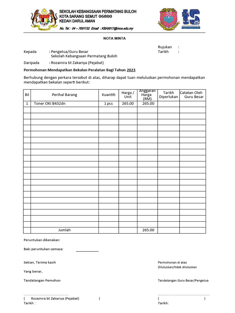 Nota Minta & Pesanan Sekolah 2023 | PDF