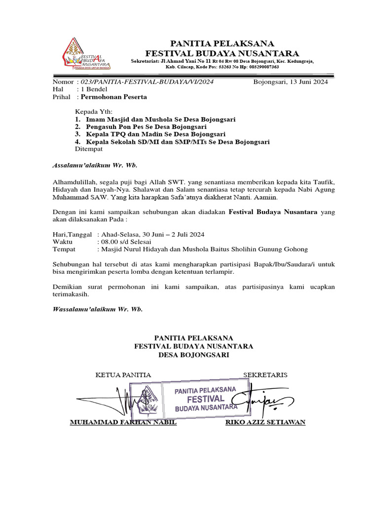 Surat Permohonan Peserta Lomba Muharoman Dan Juknis | PDF Surat Permohonan Peserta Lomba Muharoman Dan Juknis | PDF