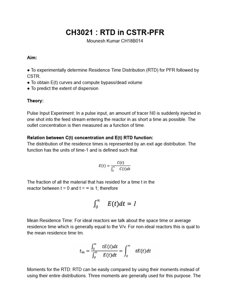 CH3021 - RTD in CSTR-PFR | PDF | Chemical Engineering