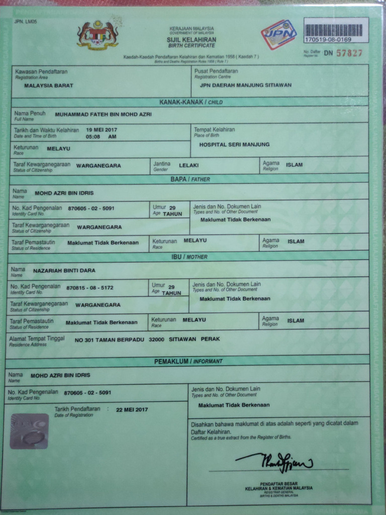 Sijil Lahir Fateh | PDF