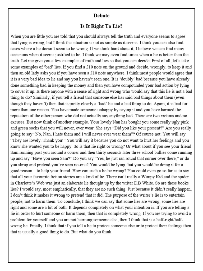 Debate (Is It Right To Lie) | PDF | Lie | Truth