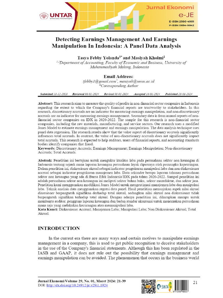 View of Detecting Earnings Management and Earnings Manipulation in Indonesia - A Panel Data ...