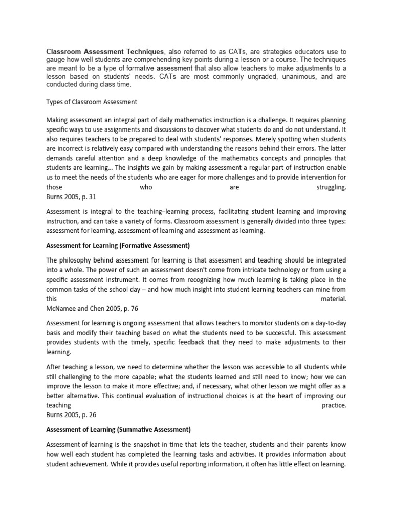 CLASSROOM ASSESSMENT | PDF | Educational Assessment | Learning
