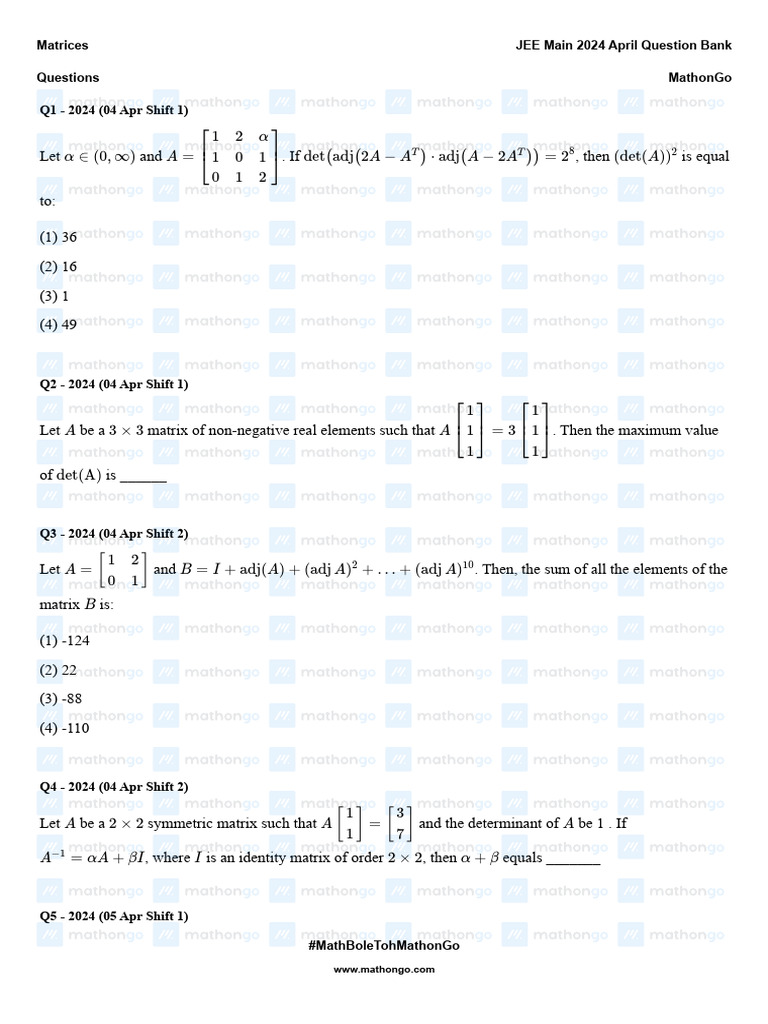 Matrices - JEE Main 2024 April Question Bank - MathonGo | PDF | Matrix (Mathematics) | Functions ...