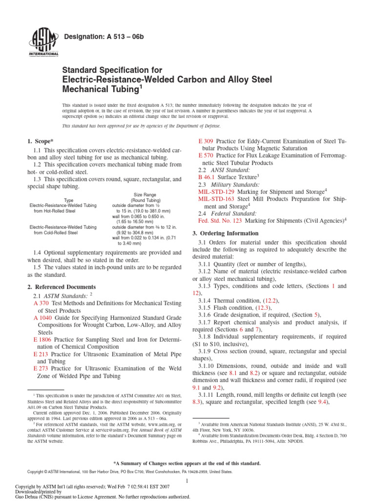 ASTM A513-06b Standard Specification for Electric-Resistance-Welded Carbon and Alloy Steel ...