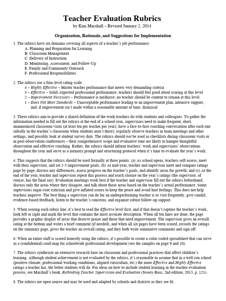 Marshall Teacher Rubric 2014 | PDF | Rubric (Academic) | Educational ...