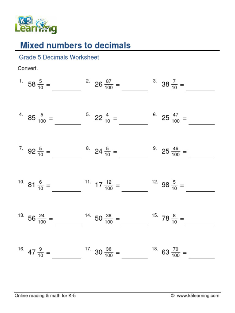 Grade 5 Mixed Numbers To Decimals A | Download Free PDF | Division ...