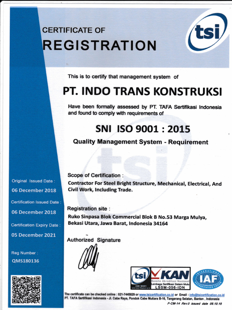 ISO 9001 - 2015 KAN PT INDO TRANS KONSTRUKSI | PDF