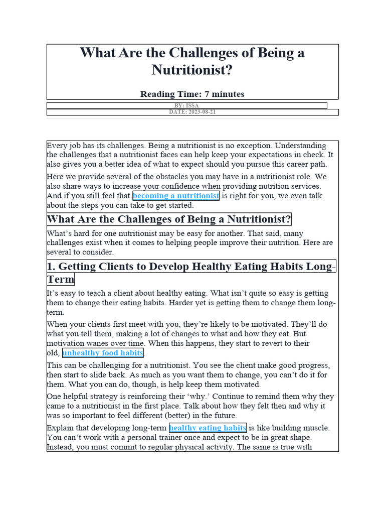 What Are The Challenges of Being A Nutritionist | PDF | Dietitian ...