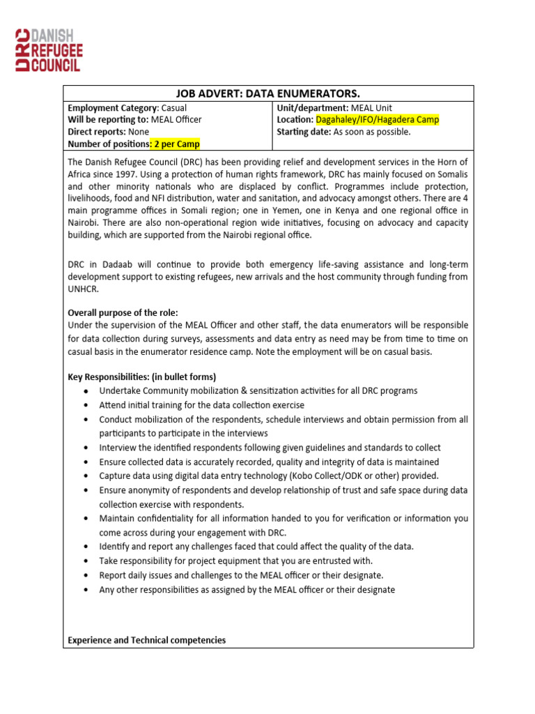 Data Enumerator Jobs in Dadaab Camps | PDF