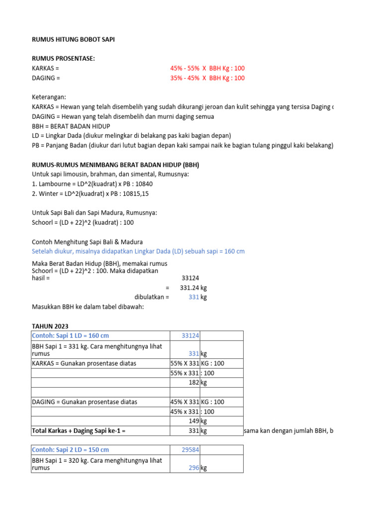 Rumus Hitung Karkas Dan Daging Sapi 2024 | PDF