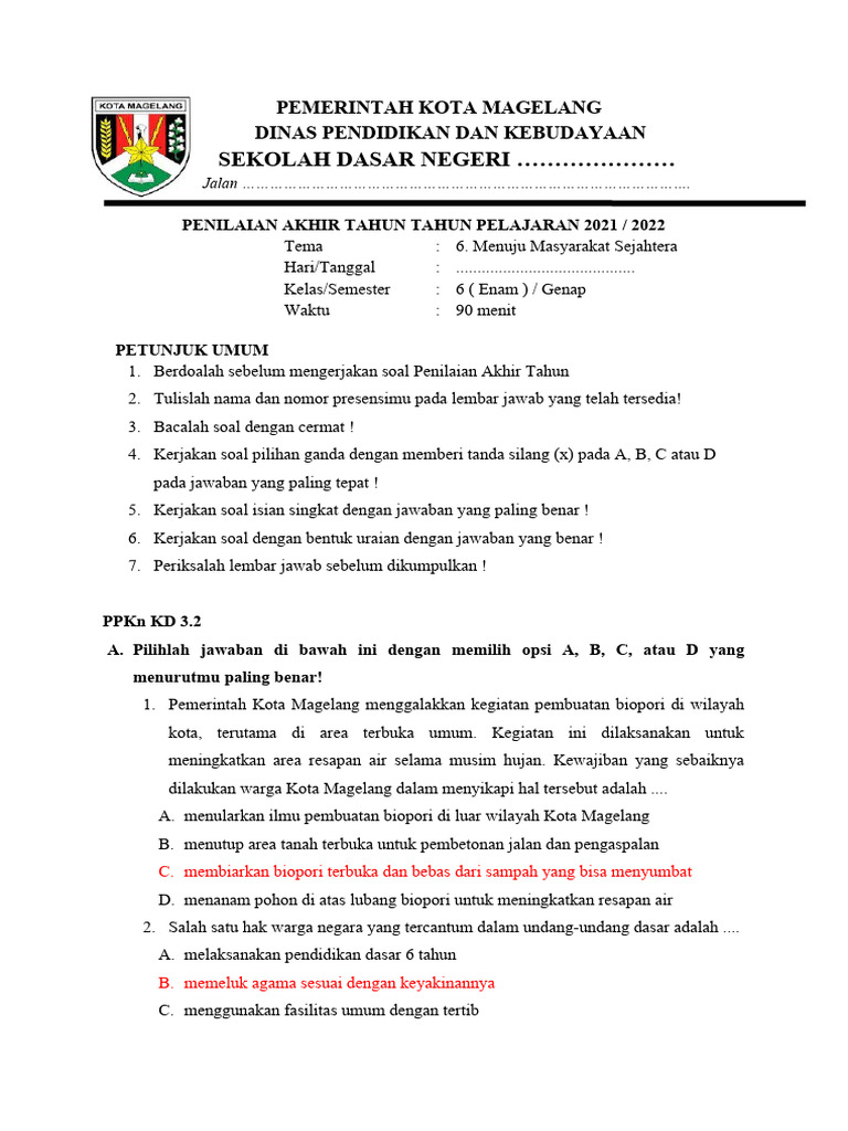 Soal Pat Tema 6. TH 2022 | PDF