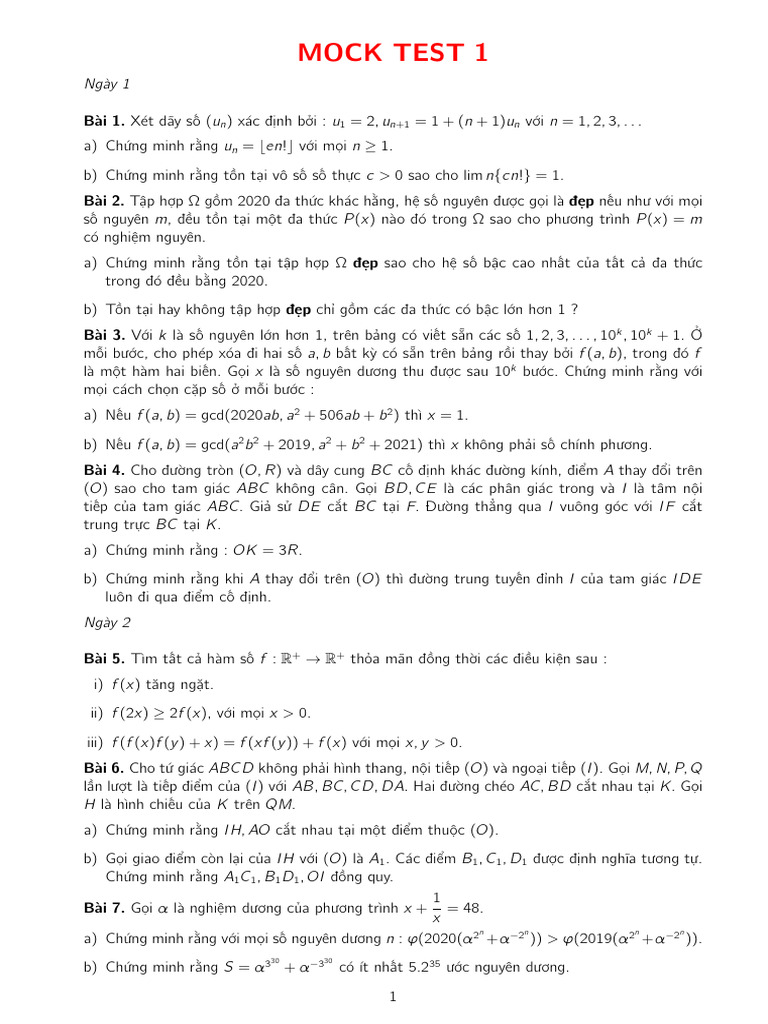 VMO 2019-2020 Mock Test 1 Solution (Nam Trung) | PDF