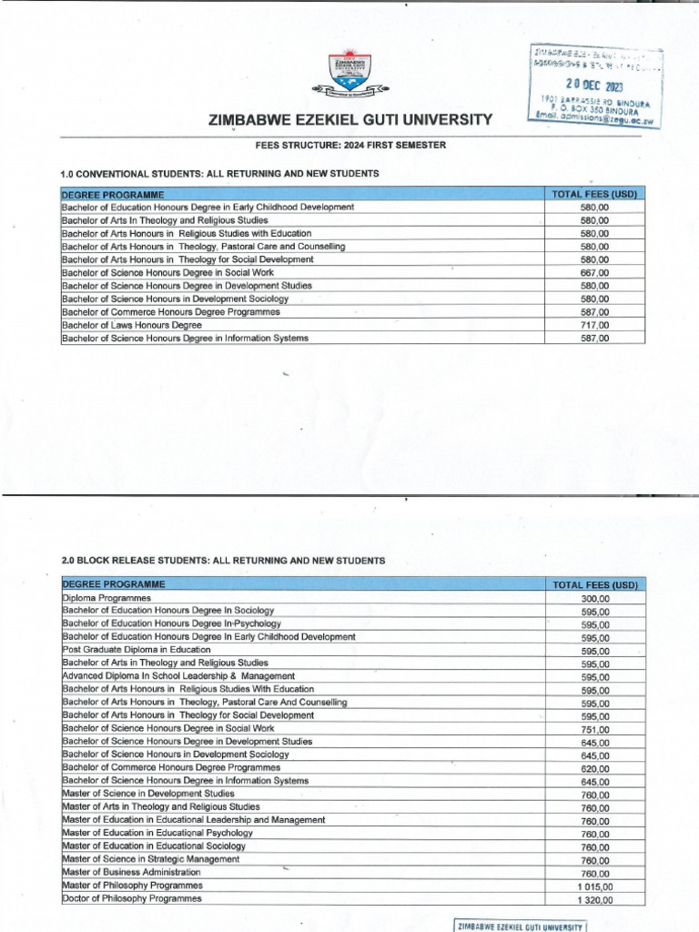 2024 Semester One Fees Structure | PDF