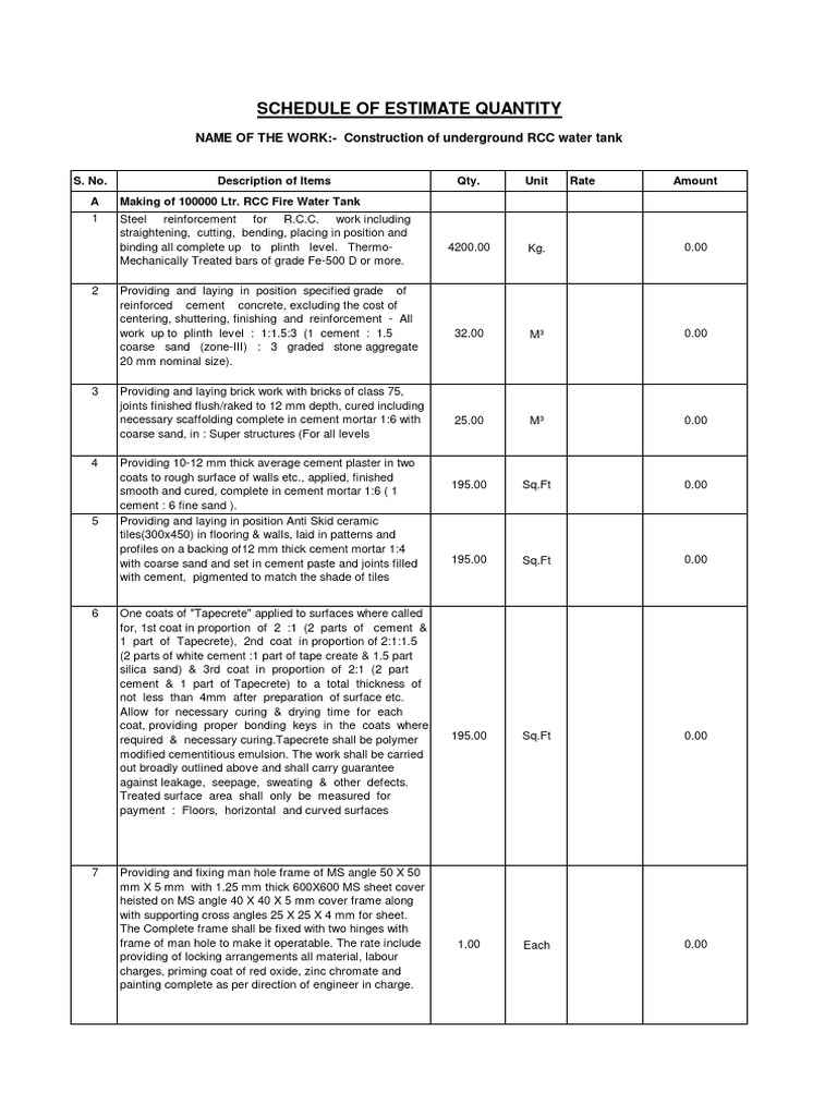 RCC Fire Water Tank Construction Estimate | PDF | Concrete | Cement