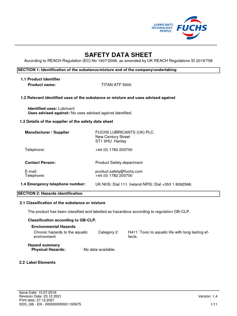 Fuchs-Renolin-Titan-ATF-5500-Safety-Data-Sheet- | PDF | Toxicity ...