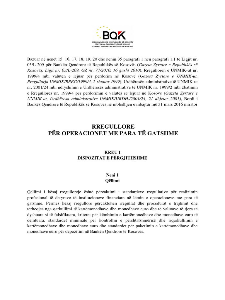Rregullore Per Operacionet Me para Te Gatshme | PDF
