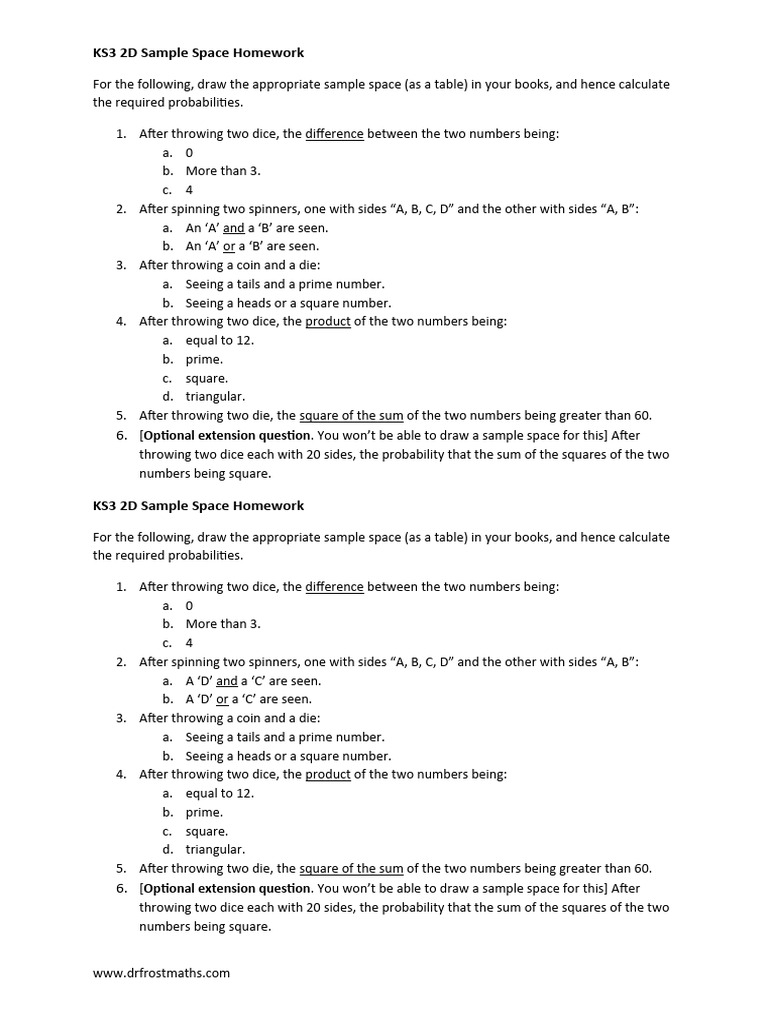 KS3 Probability Sample Space Homework | PDF