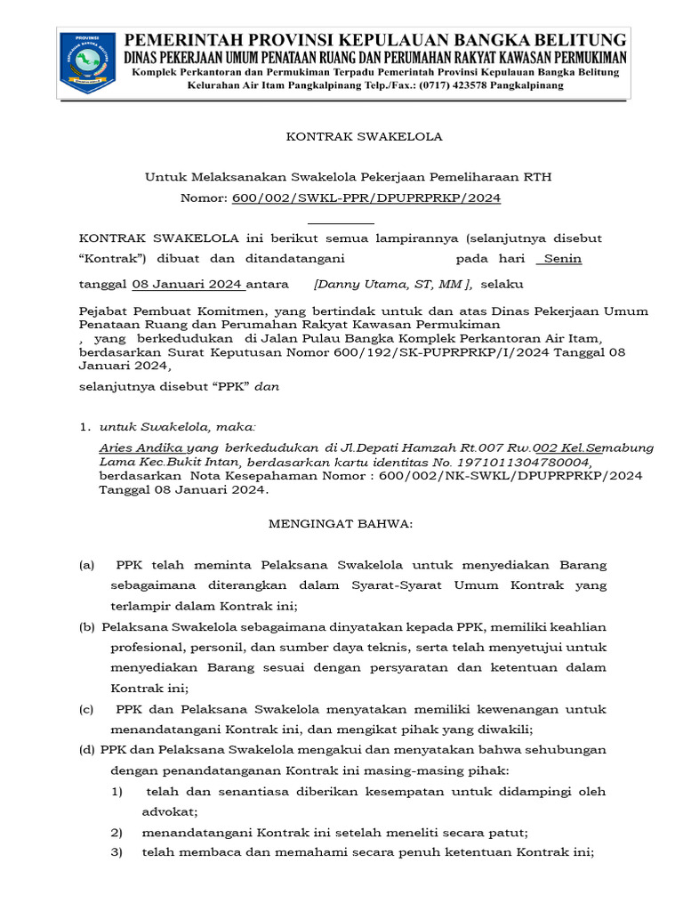Kontrak Swakelola Pemeliharaan RTH 2024 | PDF