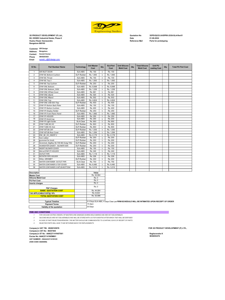 Quotation I2R 01-06-2024 2538 Parts For Prototyping Rev 01 | PDF | Taxes | Payments