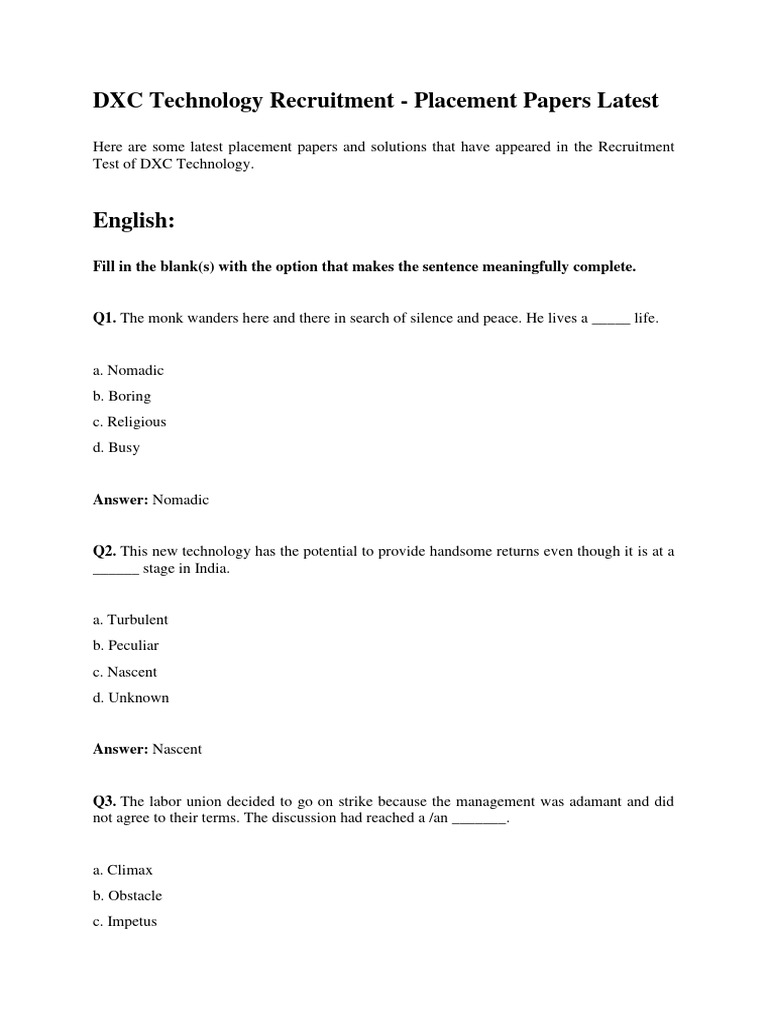 DXC Model Placement Paper | PDF | Verb | Word