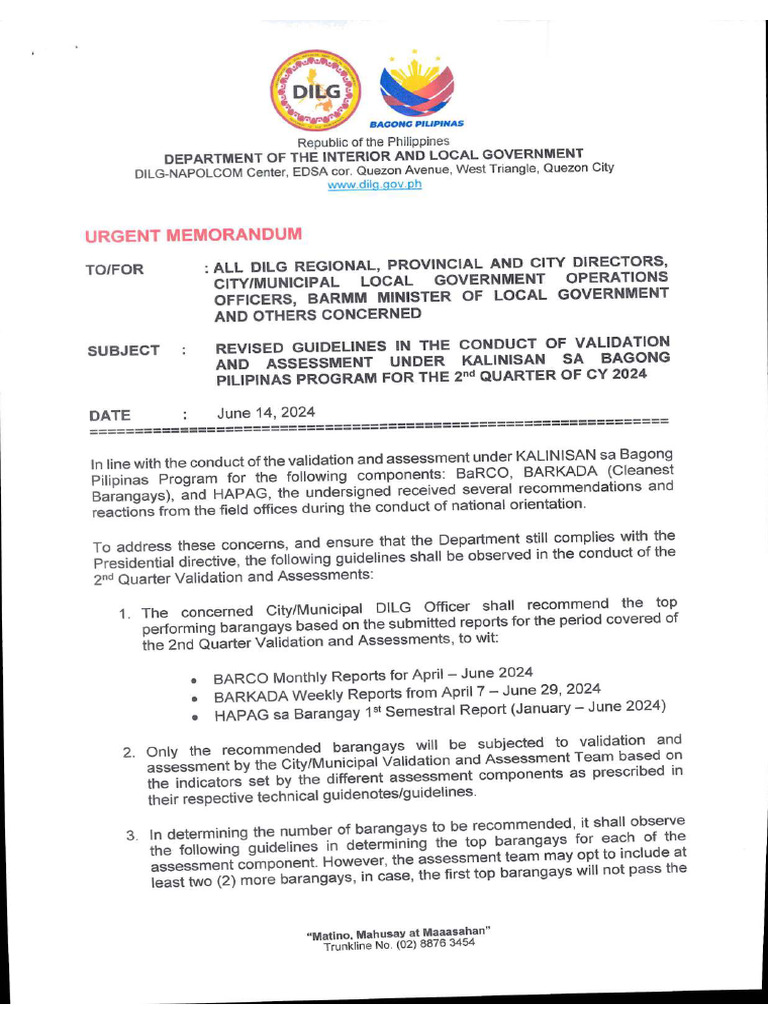 6.14.2024 Urgent Memo - Revised Guidelines Re Kalinisan Assessments | PDF