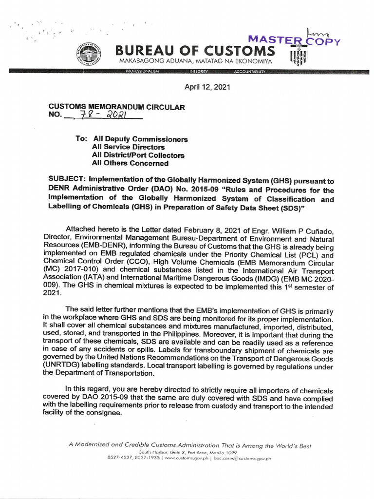 Cmc-78-2021-Implementation of the Globally Harmonized System Per DENR ...