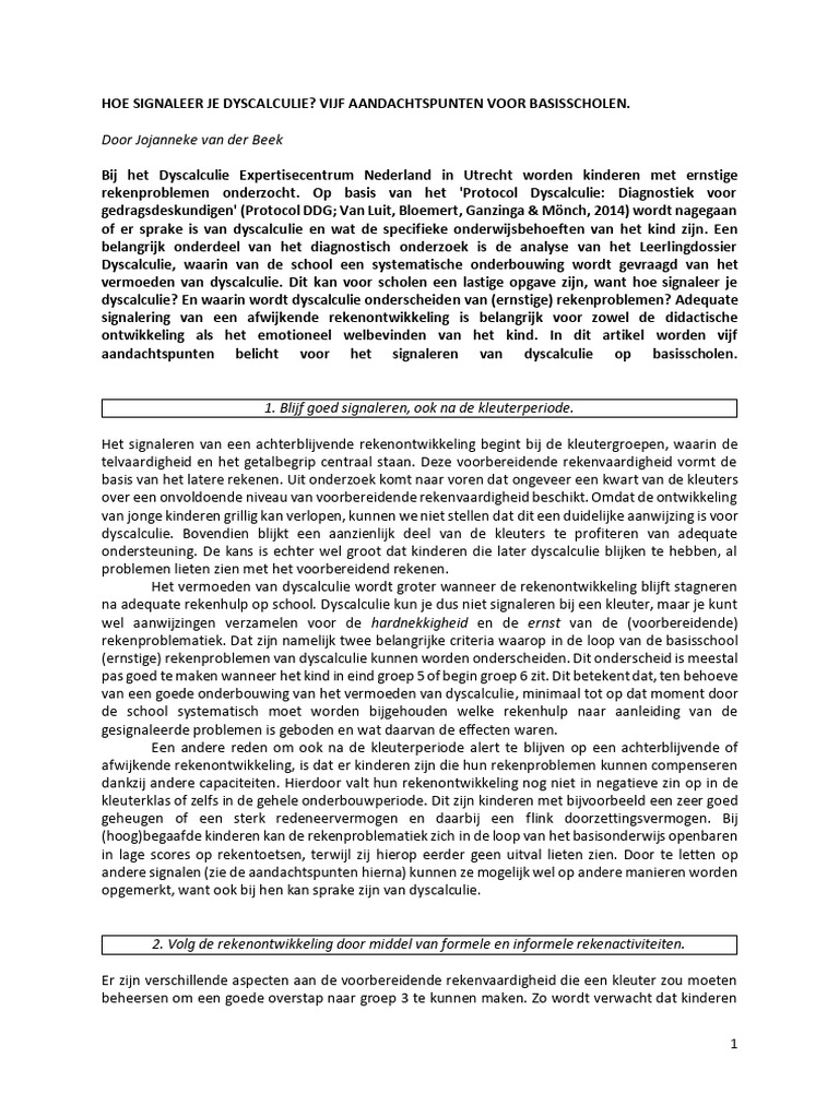 Artikel Hoe Signaleer Je Dyscalculie Jojanneke Van Der Beek | PDF