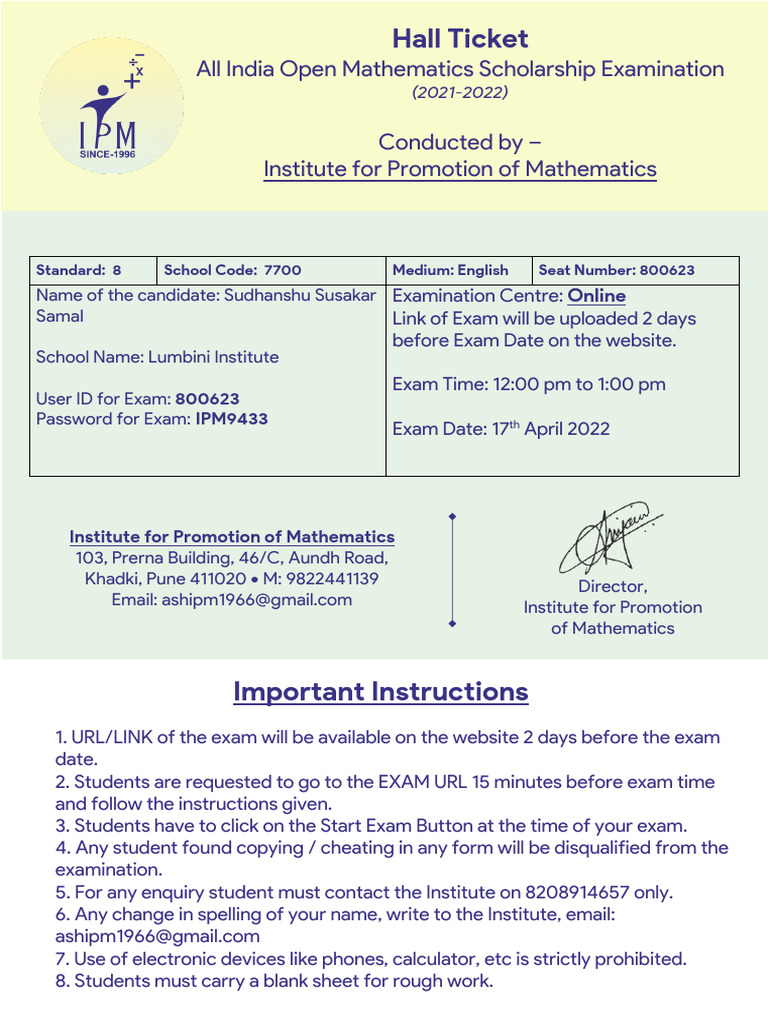 Hall Ticket: All India Open Mathematics Scholarship Examination ...