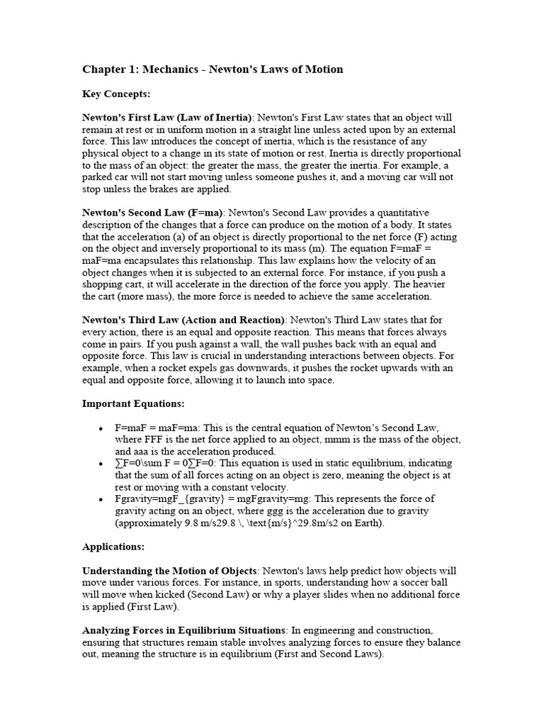 Chapter 1 Mechanics - Newton's Laws of Motion | PDF | Force | Newton's Laws Of Motion