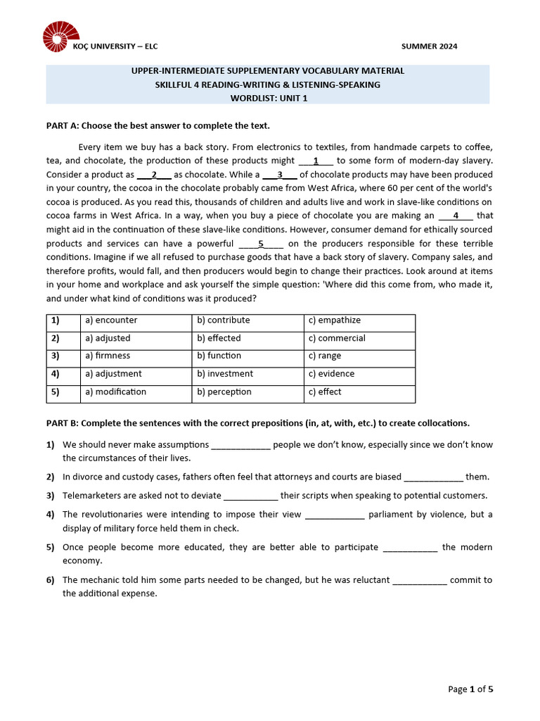 Skillful 4 - Unit 1 - Vocabulary Practice | PDF | Aurora | Chocolate