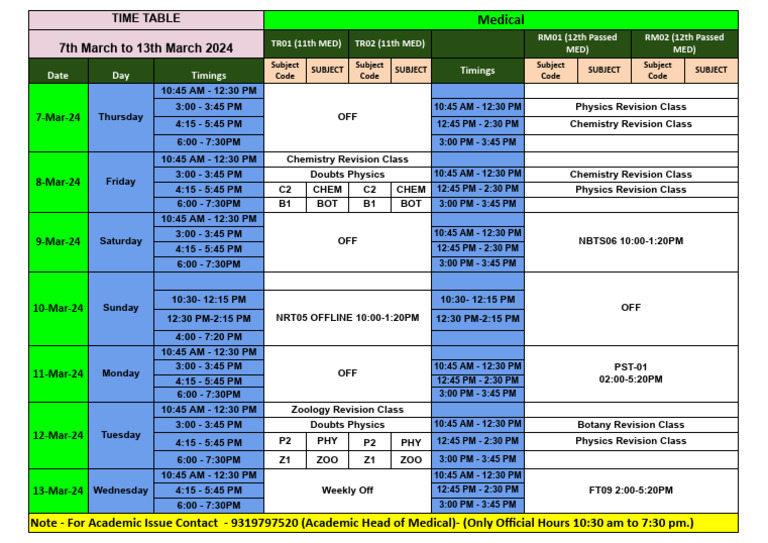 Medical - Time Table (7th March - 13th March 2024) | PDF