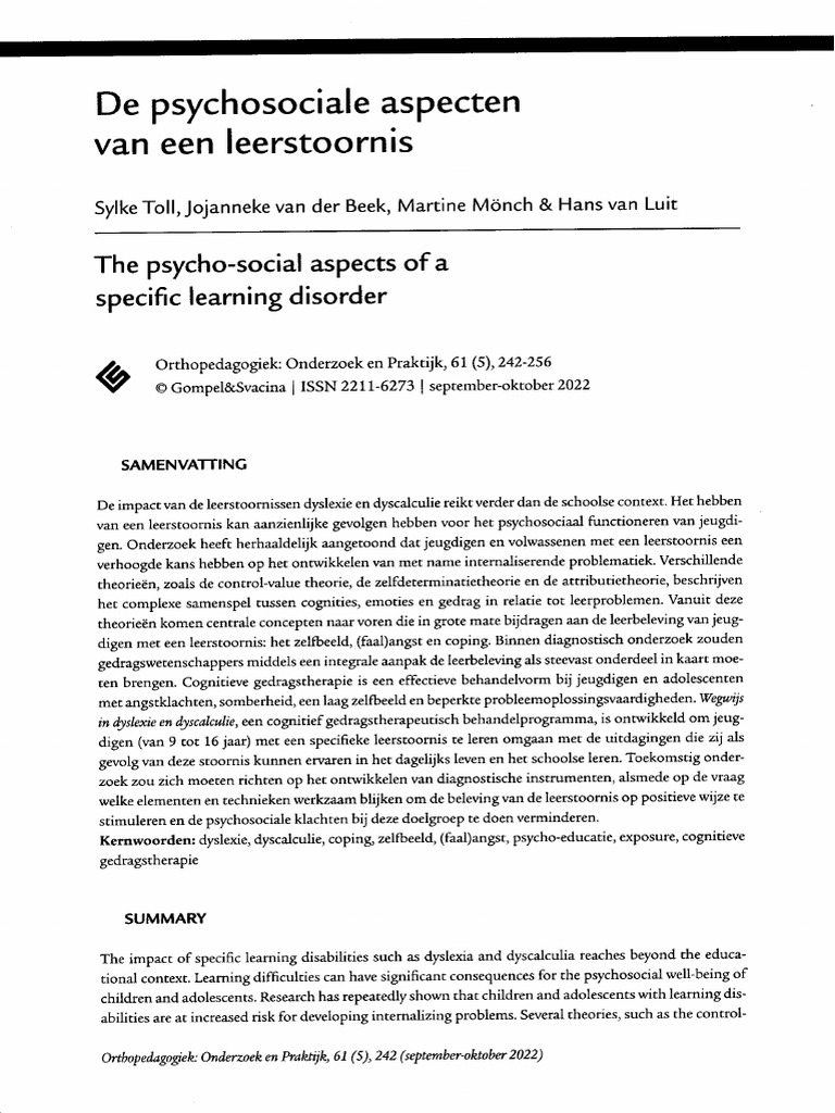 Psychosociale Aspecten Van Een Leerstoornis | PDF