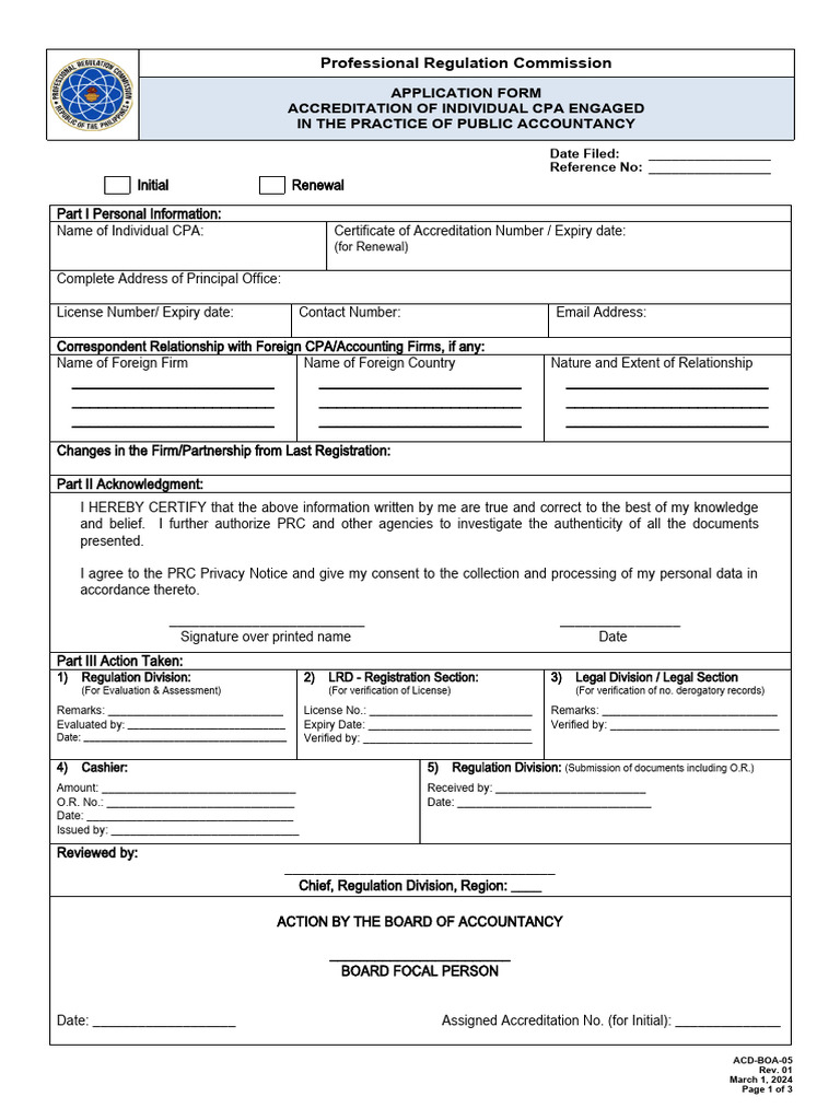 ACD-BOA-05 Rev 01 App Form Acc of Individual CPA | Download Free PDF ...