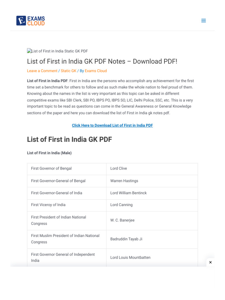 List of First in India GK PDF Notes - Download PDF! | PDF | Jawaharlal ...