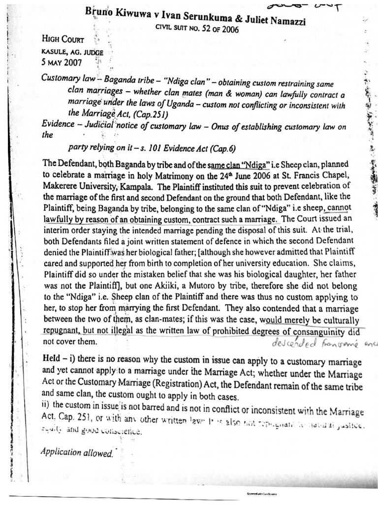 Bruno Kiwuwa V Ivan Serunkuma and Juliet Namazzi Civil Suit No 52 | PDF