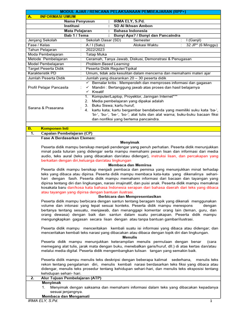 RPP Bindo KLS I SMS 1 | PDF | Karier & Perkembangan | Seni & Disiplin Bahasa