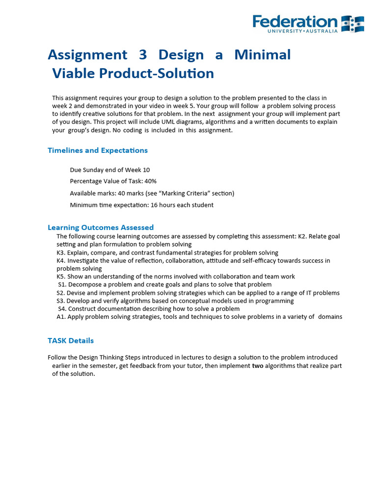 ITECH1101 Assignment 3 Design A Minimal Viable Solution-2024-V3 | PDF ...